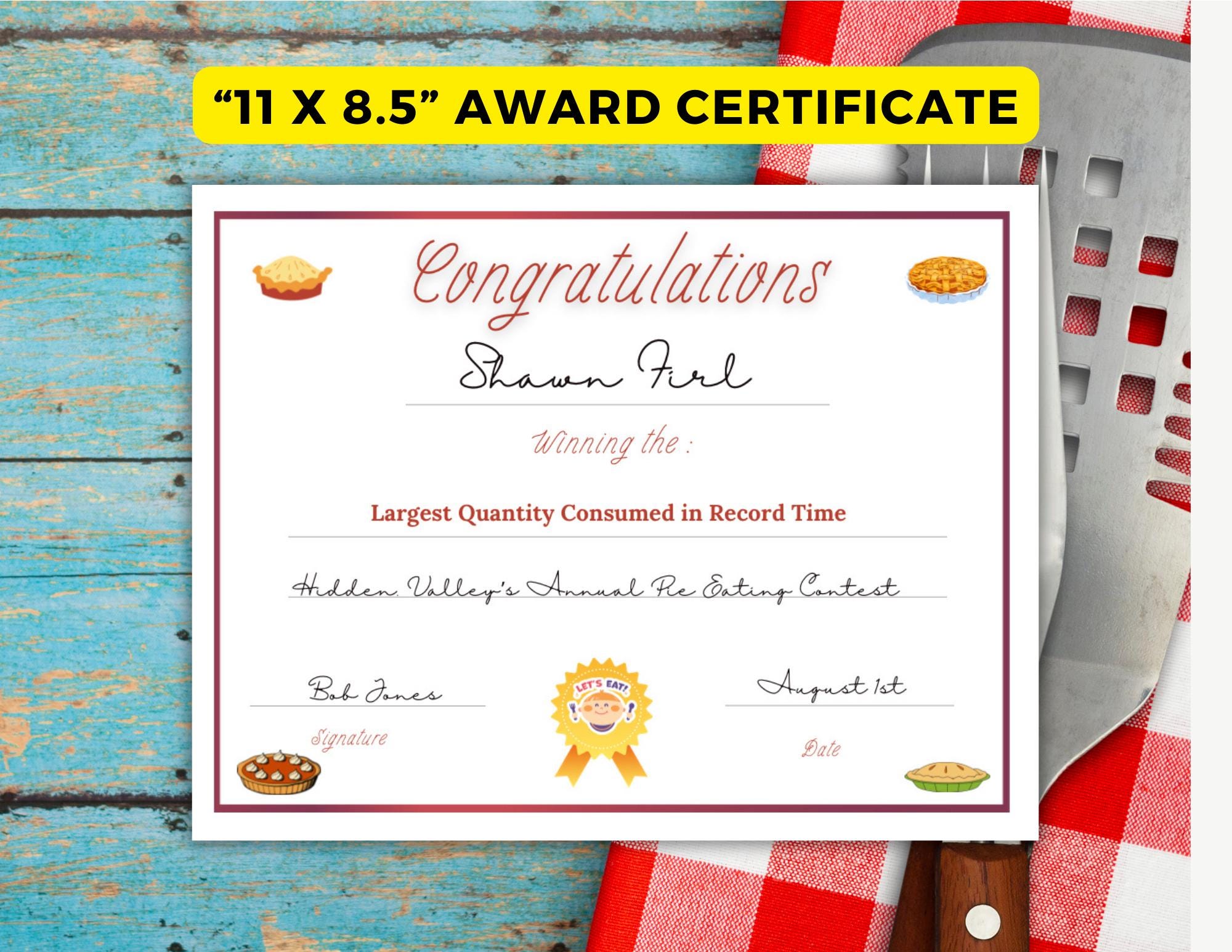Pie Eating Contest Award Certificates,printable Pie Eating Contest ...