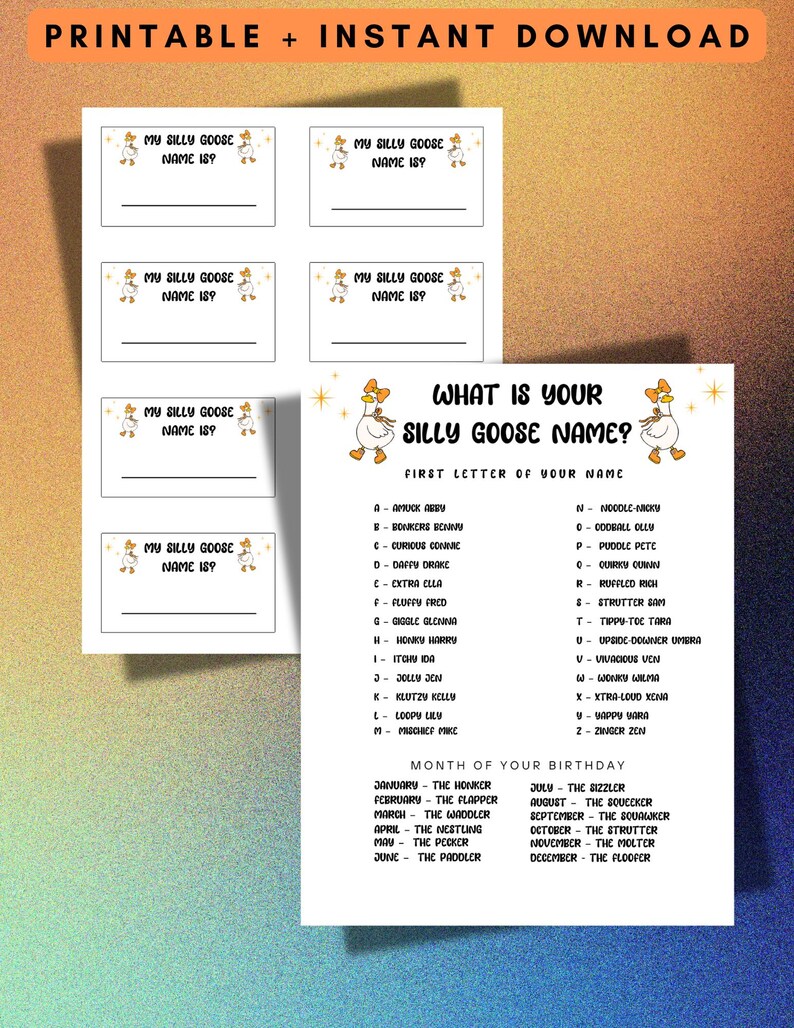 What is Your Silly Goose Name Game Printable,fun Goose Party Icebreaker ...