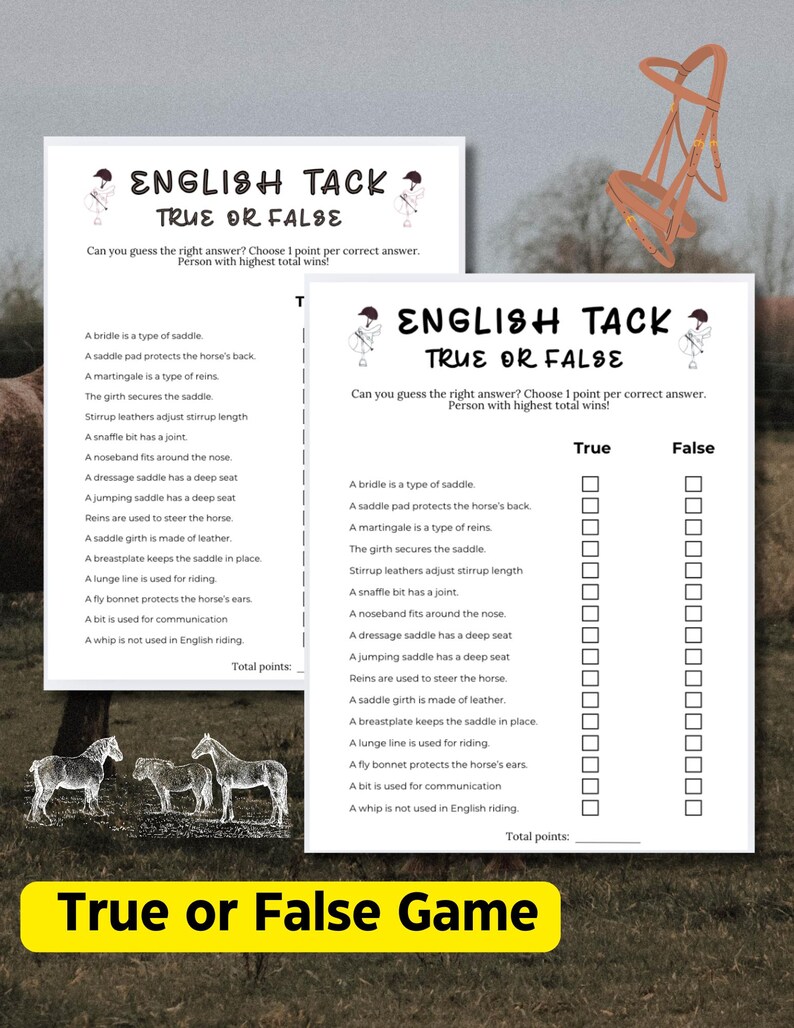 English Horse Tack True or False,horse Trivia Game, Horse Party Game ...