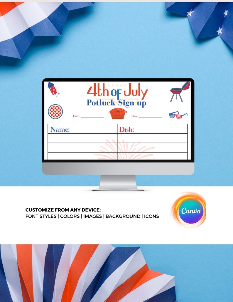 July 4th Editable Custom Potluck Sign up Sheet - Etsy