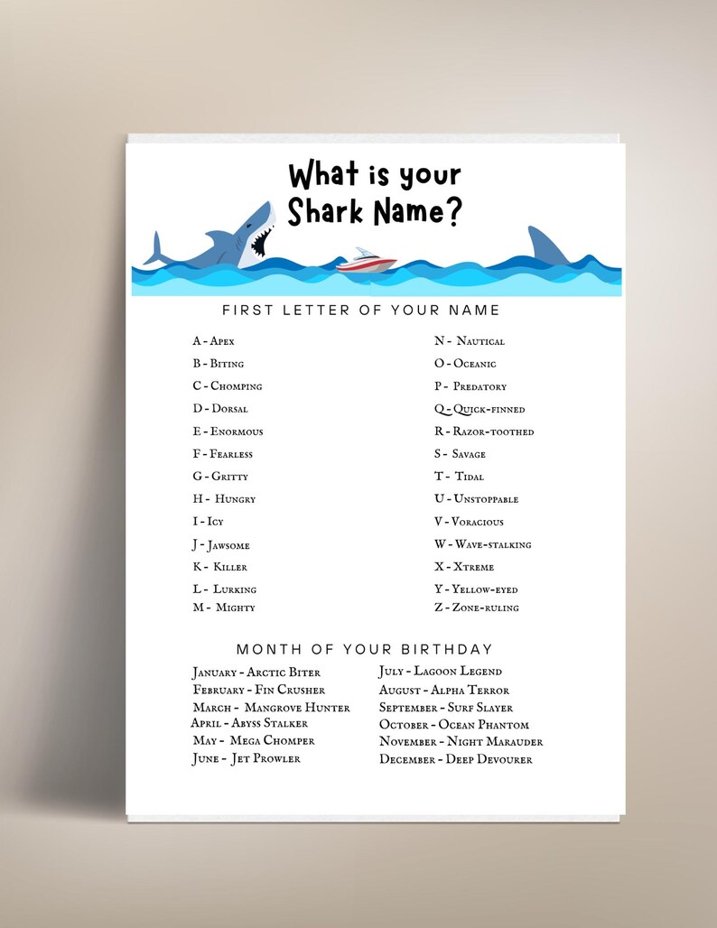 Shark Name Game Printable – Fun Shark Party Icebreaker, Ocean Birthday ...