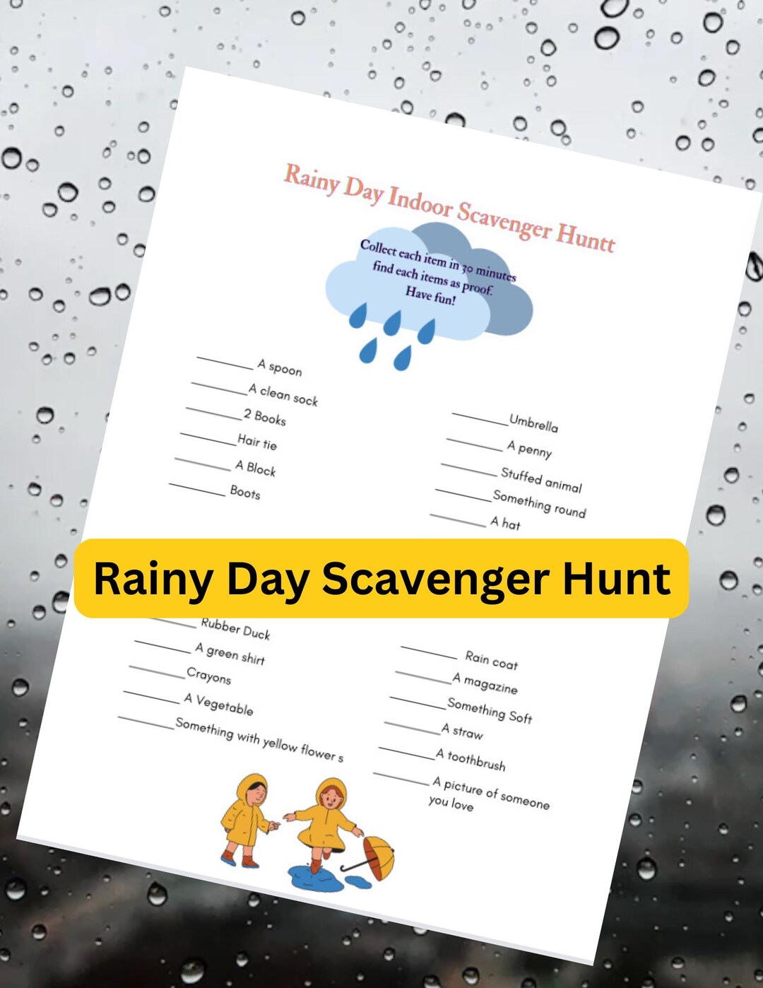 Rain Day Scavenger Hunt Game, Printable Scavenger Hunt Game for Rainy ...