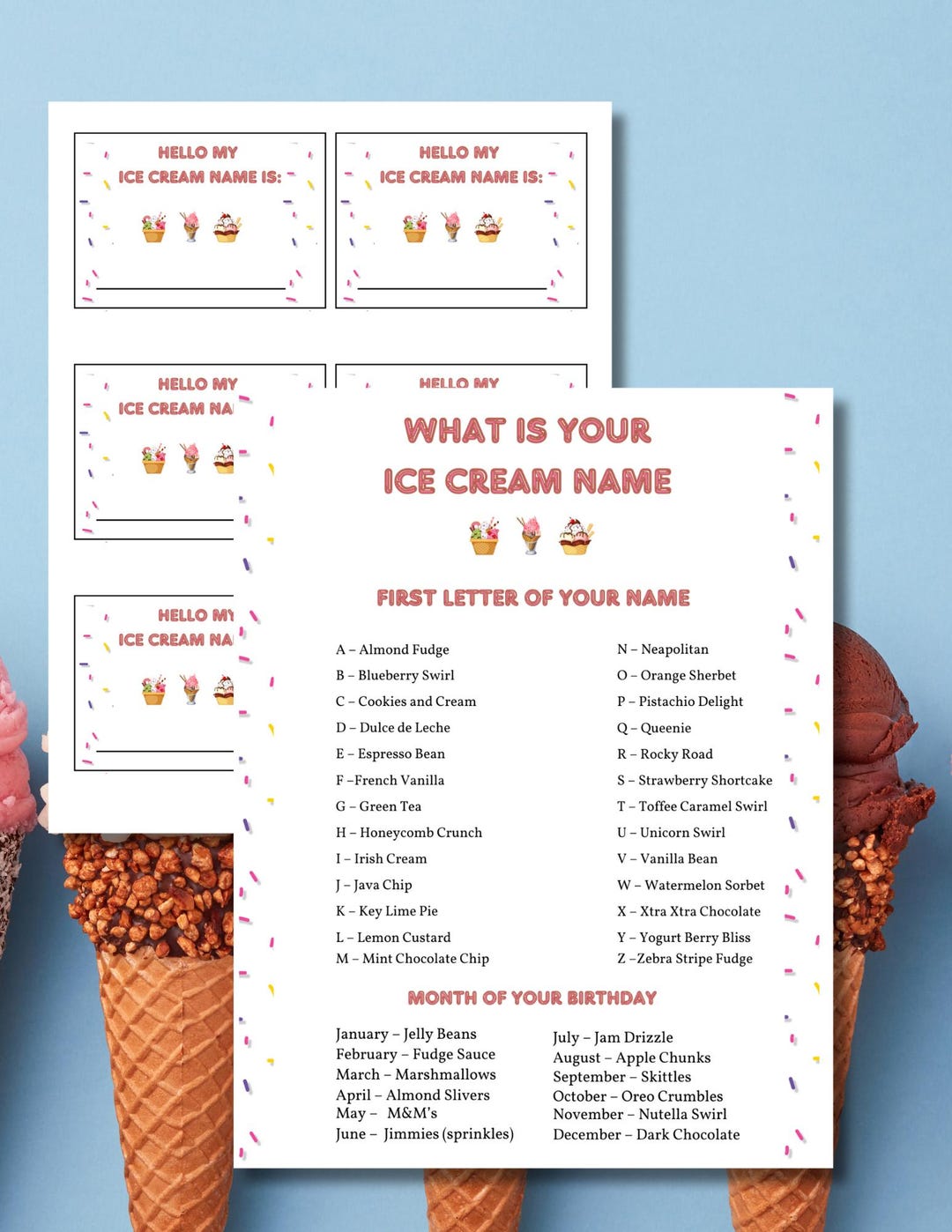Ice Cream Name Game: Printable Birthday Party Activity, Ice Cream ...