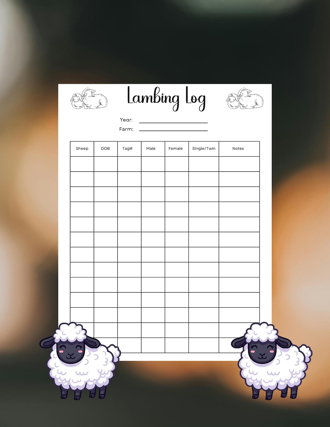 Lambing Log, Farm Animal Health & Care Records, Sheep Record, Printable ...