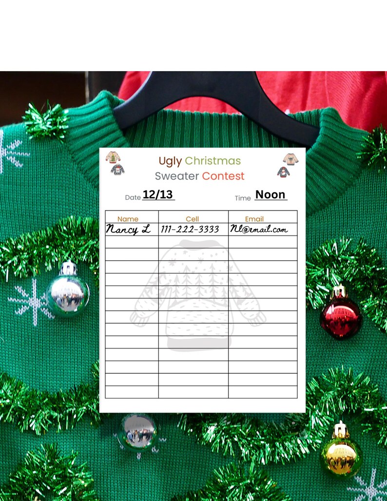 Printable Sign up Sheet for an Ugly Sweater Contest Contestant Sign up ...