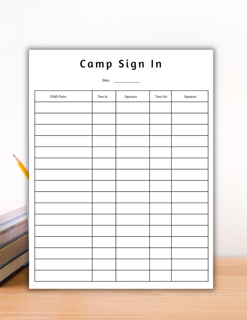 Printable Camp Sign in /sign Out Sheet, Camp Attendance Log, Attendance ...