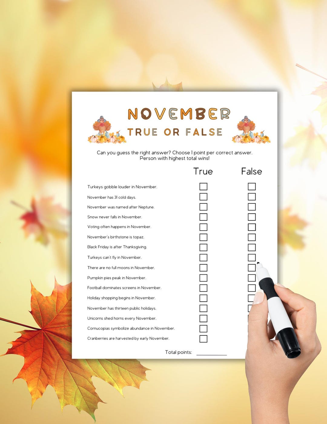 November Trivia Game, November Quiz,fall True or False, Family Game ...