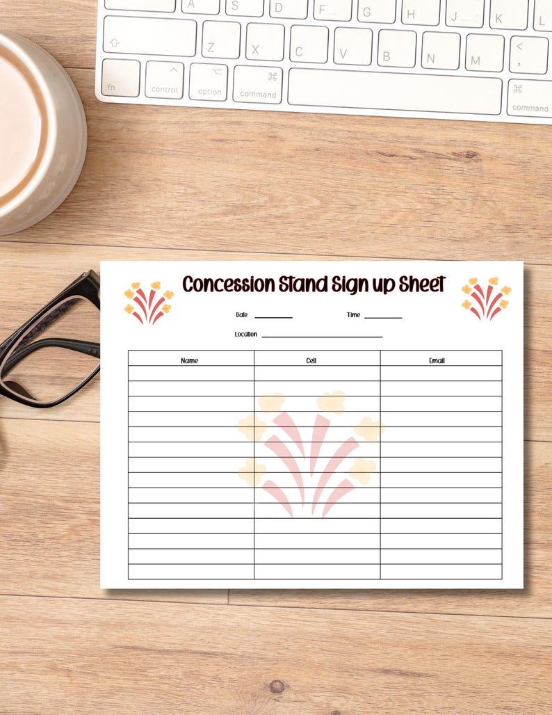 Concession Stand Volunteer Sign-up Sheet: Printable Sign-in Template ...
