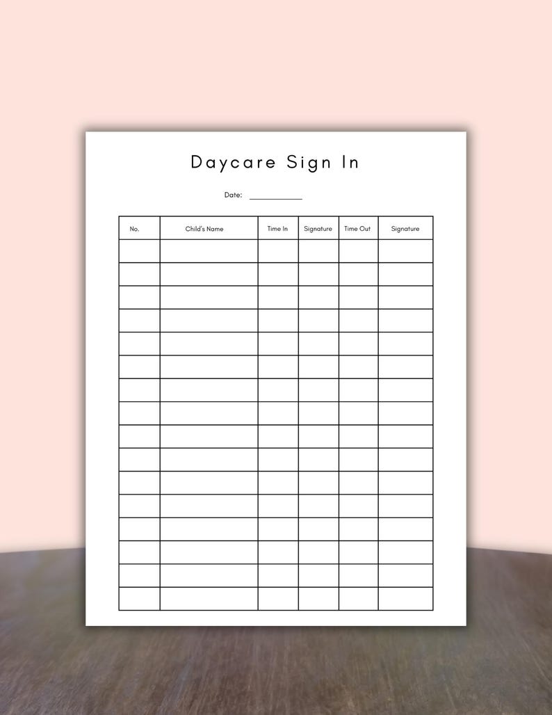 Printable Daycare Sign in Sign Out Sheet, Daycare Attendance Log ...