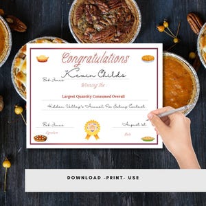Pie Eating Contest Award Certificates,printable Pie Eating Contest ...
