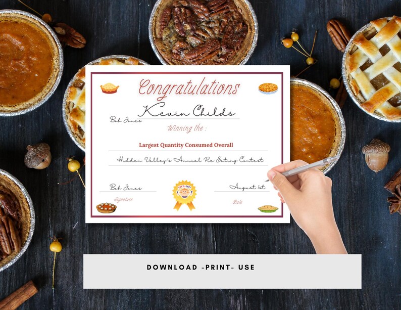 Pie Eating Contest Award Certificates Kit: Printable Party Game (PDF ...