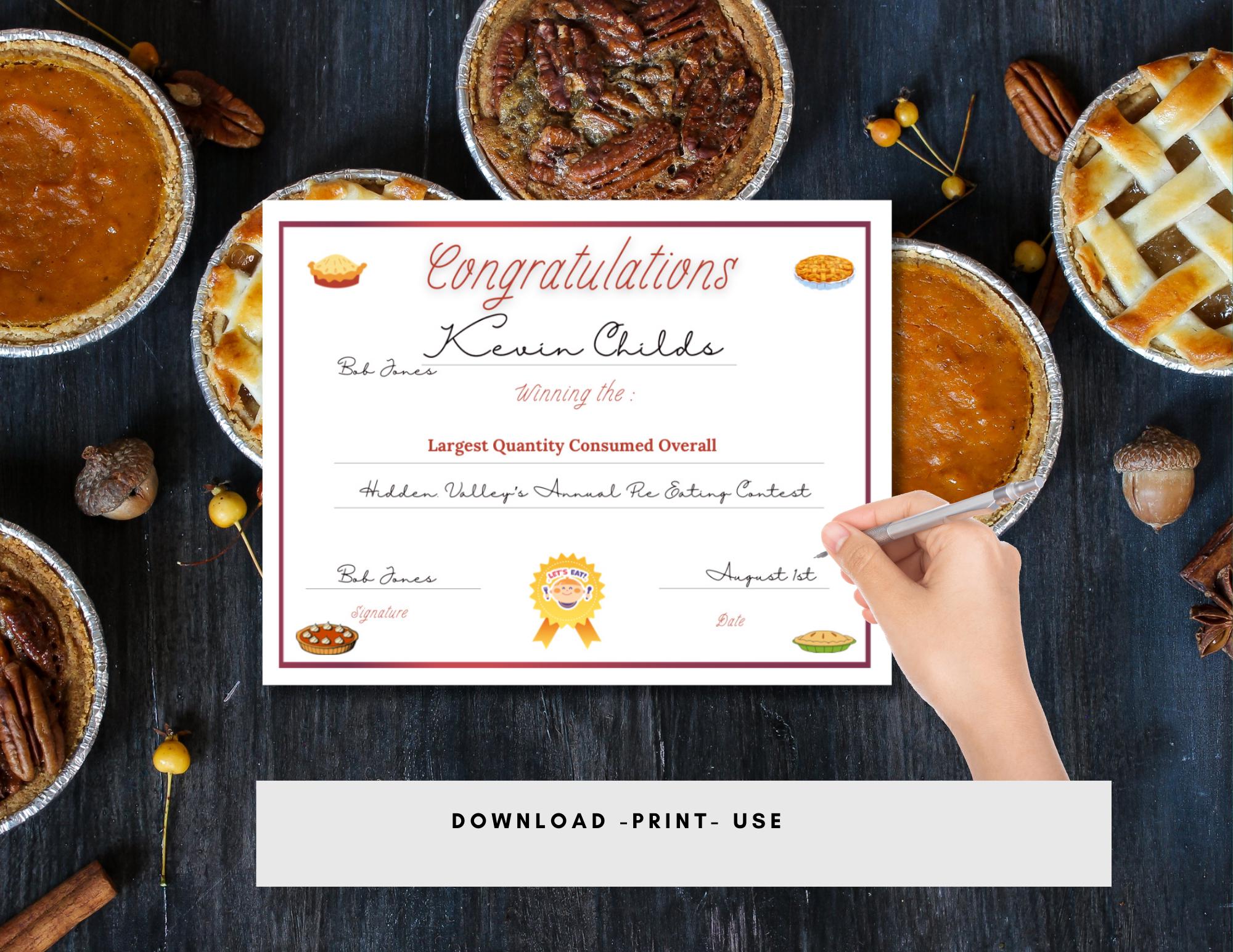 Pie Eating Contest Award Certificates Kit: Printable Party Game (PDF ...