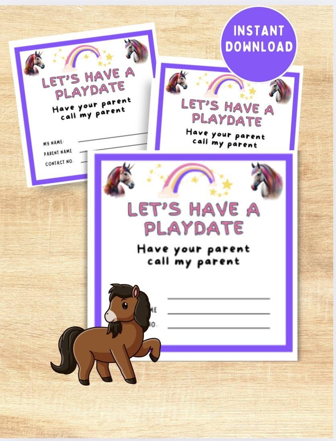 Pony Playdate Cards,fillable Kids Contact Cards (pdf)parent Information ...