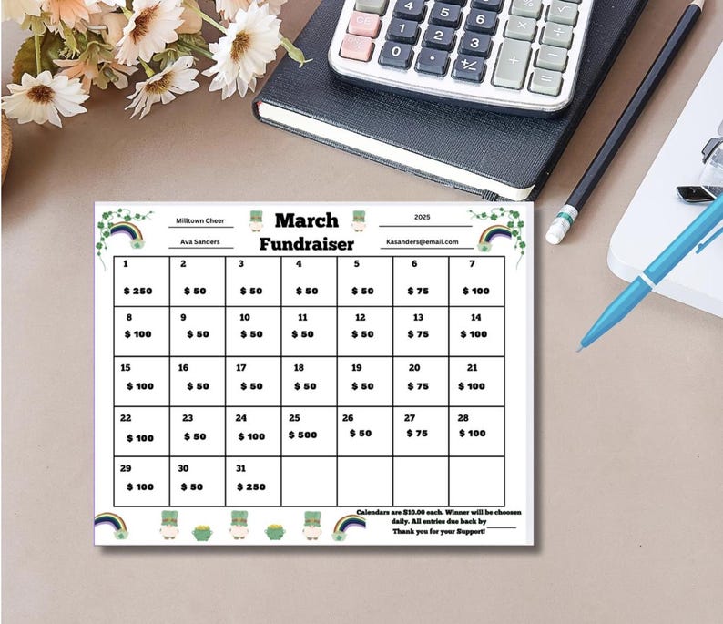 Printable March Cash Calendar Raffle: Sports & Dance Fundraiser (PDF ...