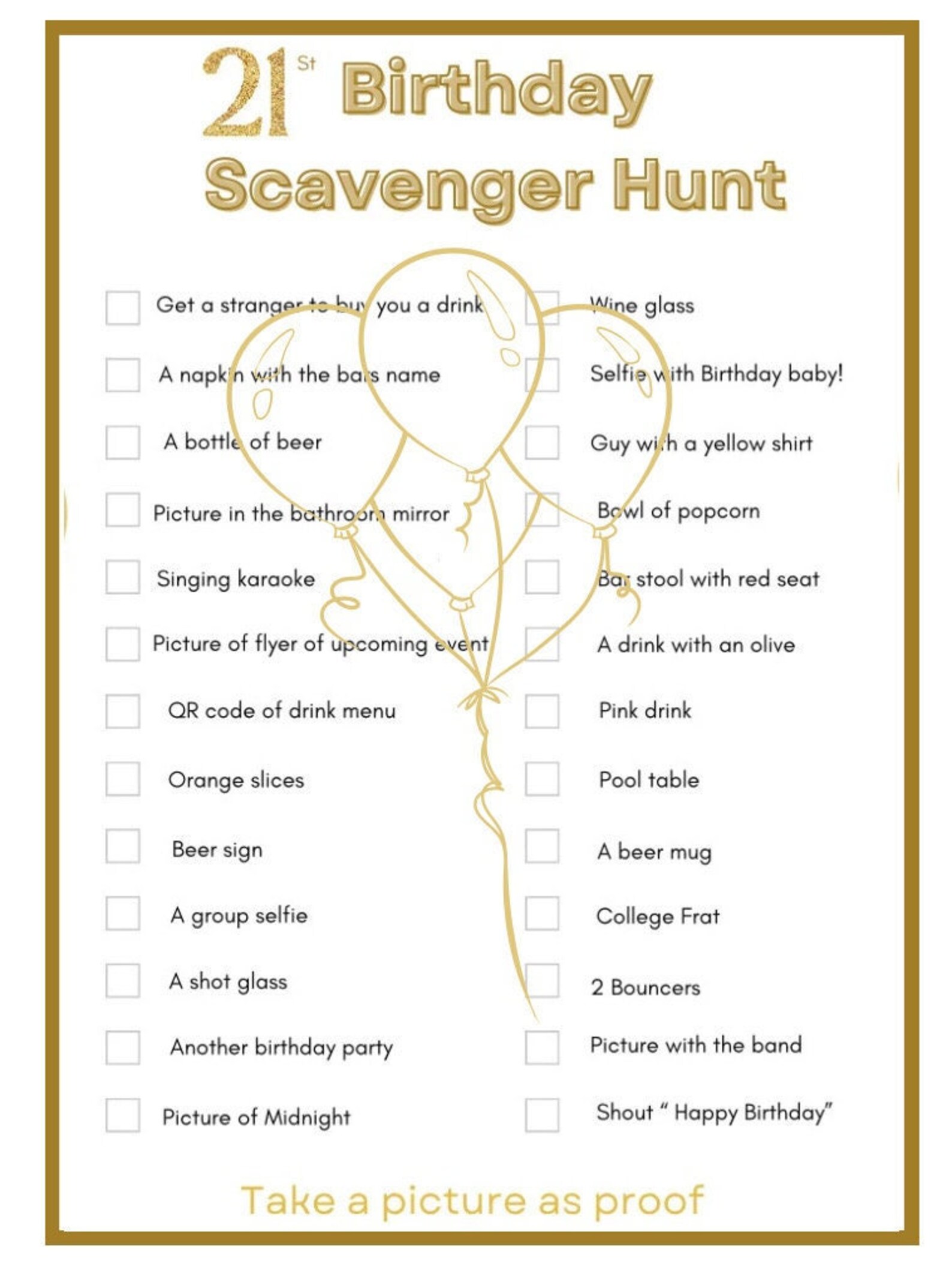 Happy 21 St Birthday Scavenger Hunt Game,bar Hopping, Bar Drinking Game ...