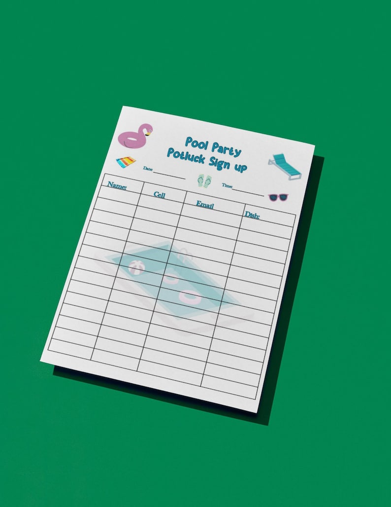 Pool Party Potluck Sign-up Sheet: Printable BBQ Cookout List,printable ...