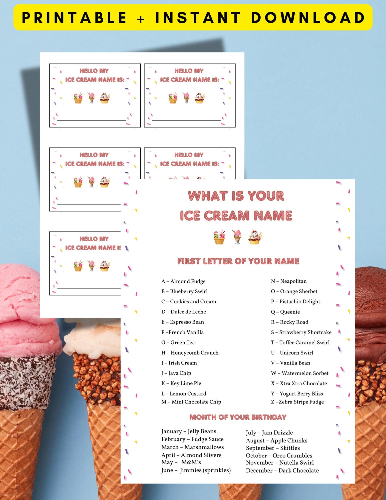 Ice Cream Name Game: Printable Birthday Party Activity, Ice Cream ...