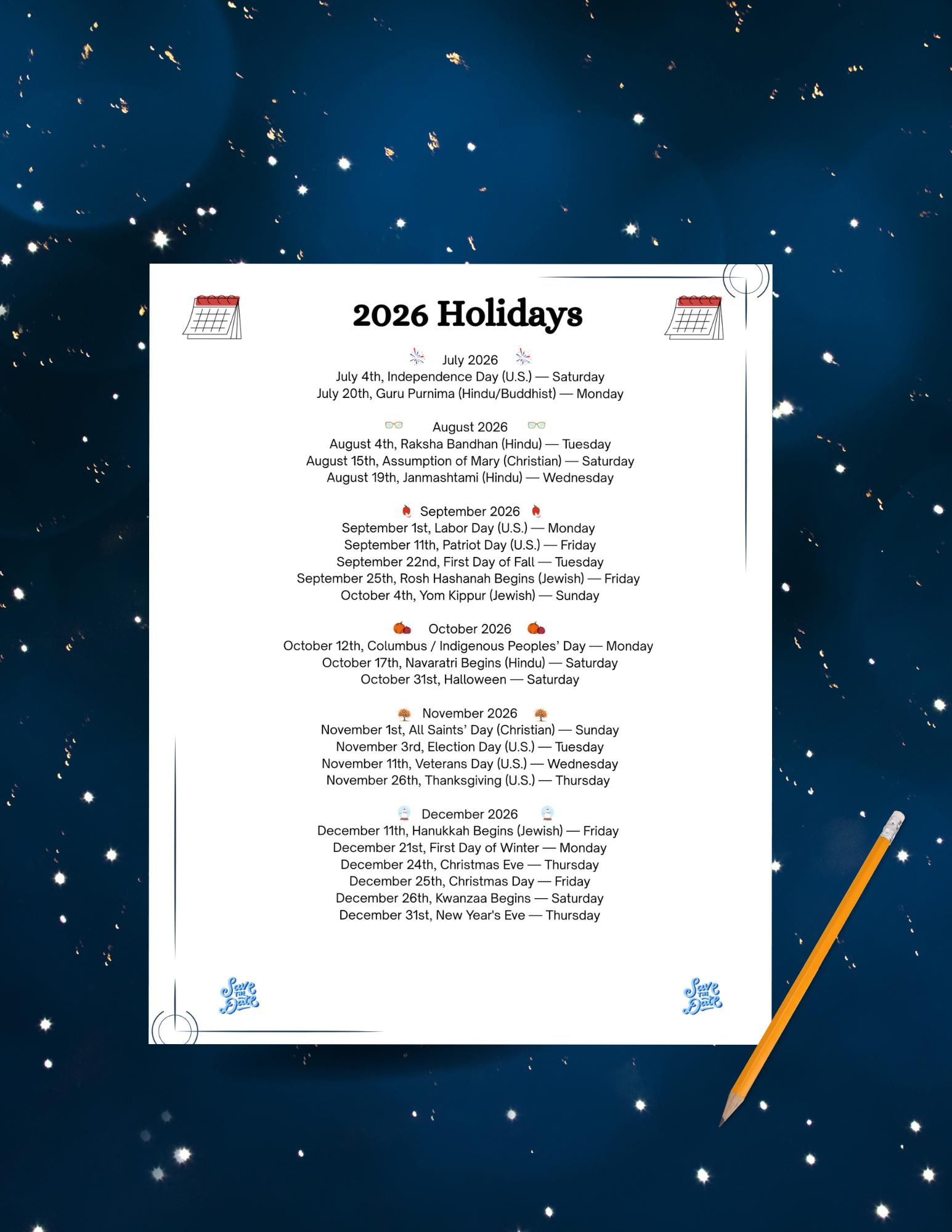 2026 Holiday Calendar Printable, US National Holidays, 2026 Holidays ...