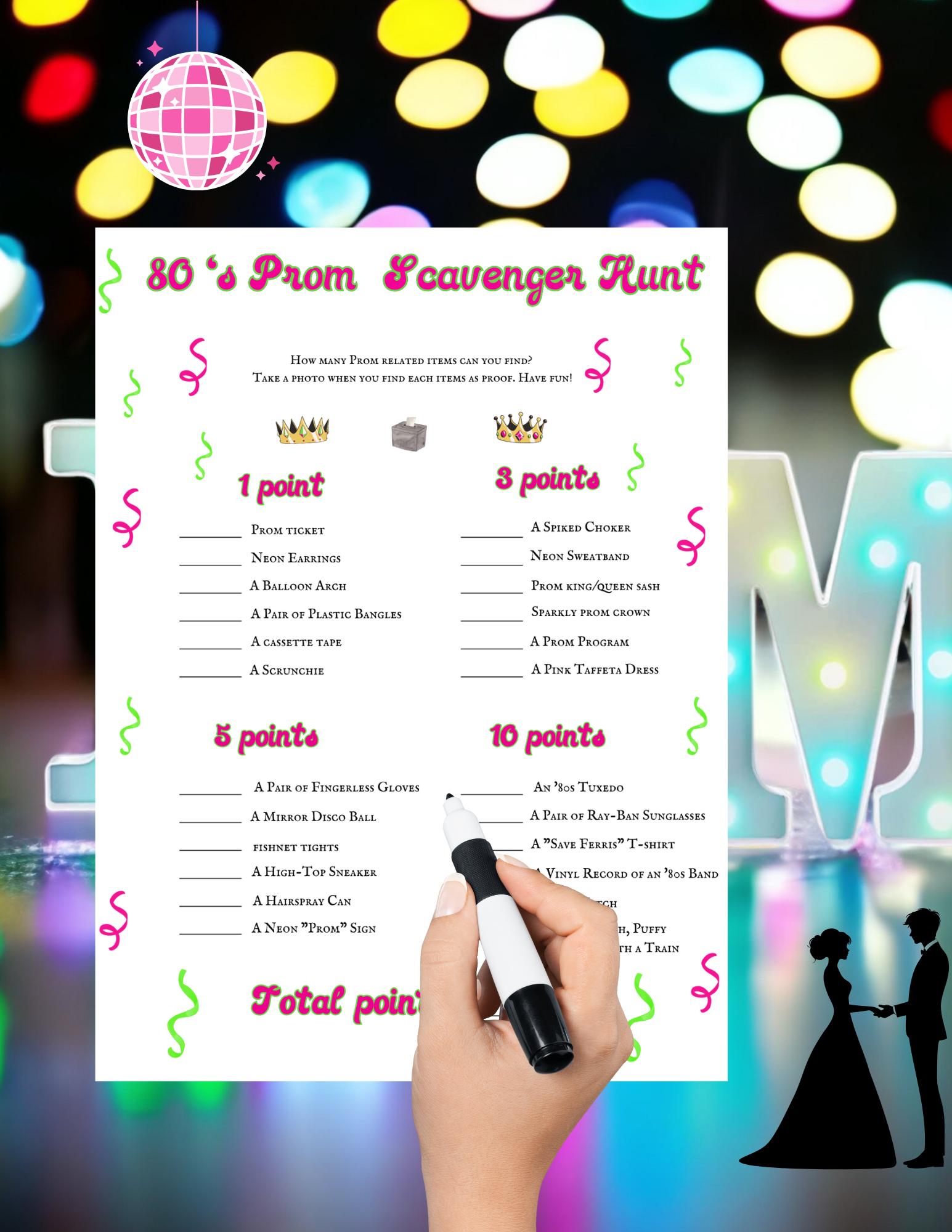 80's Prom Scavenger Hunt Game: Printable Couple's Activity (PDF), 1980 ...