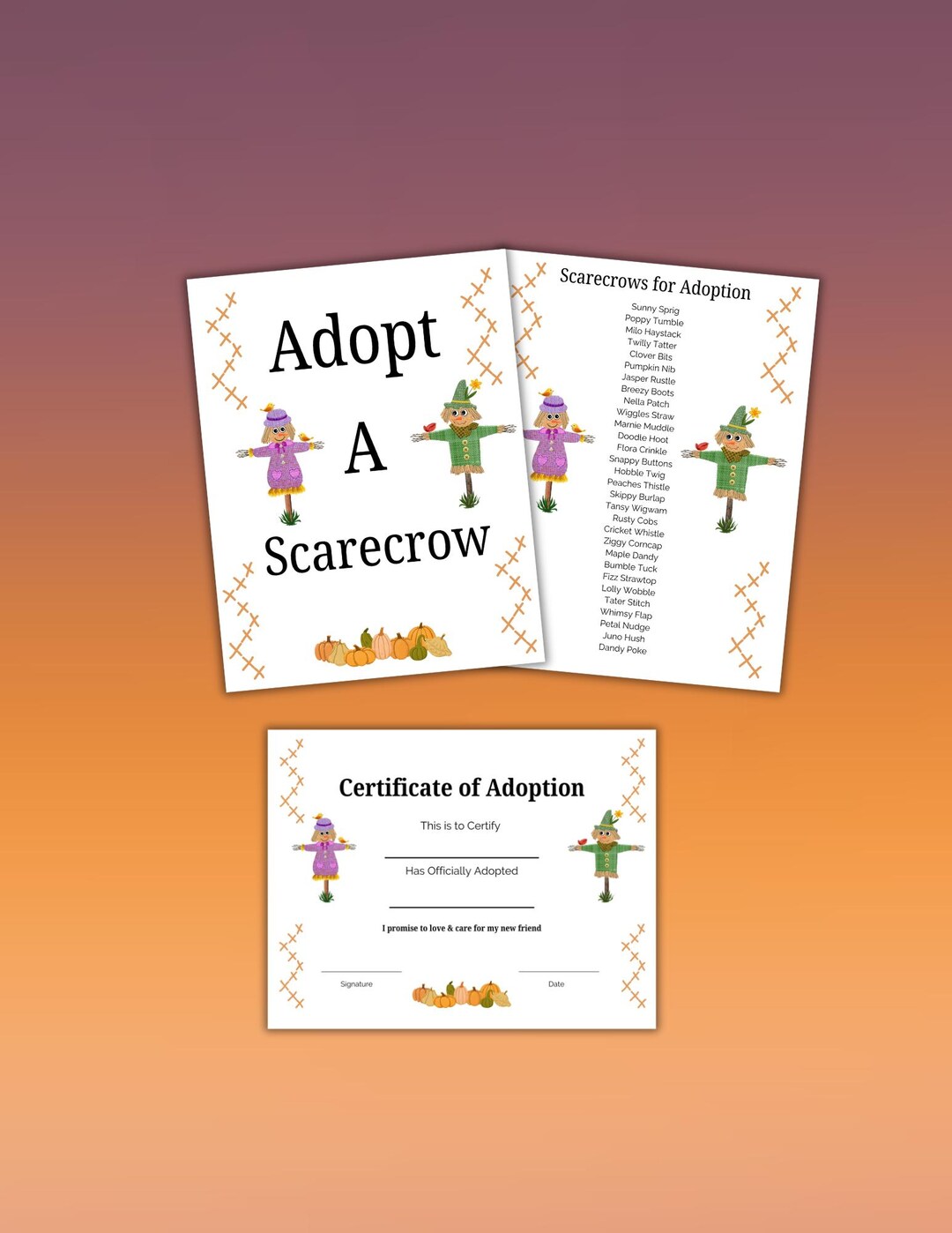 Adopt a Scarecrow, Fall Party Game , Adopt a Scarecrow Party, Halloween ...