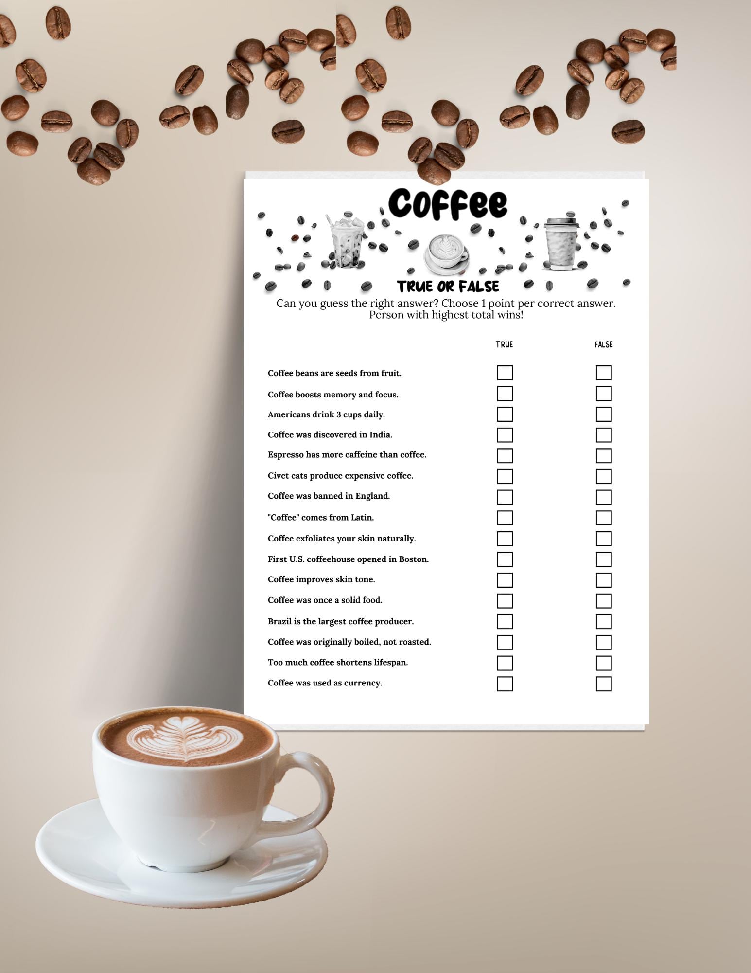 Coffee Trivia Game,true or False Party Game, Coffee Themed Game, Coffee ...