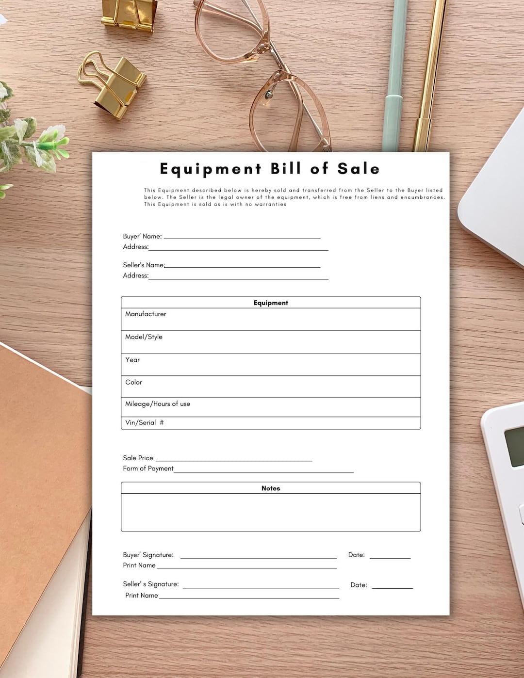 Equipment Bill of Sale, Printable Equipment Sale Contract, Sale ...
