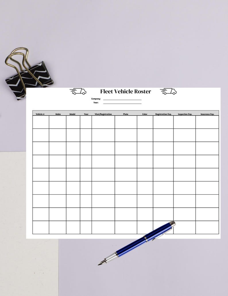 Printable Fleet Vehicle Roster, Company Truck Tracker, Fleet Management ...