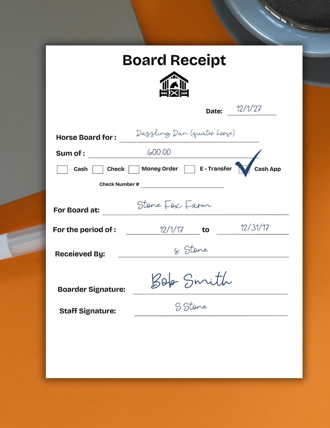 Horse Boarding Receipt Template, Horse Housing,stable Boarding ...