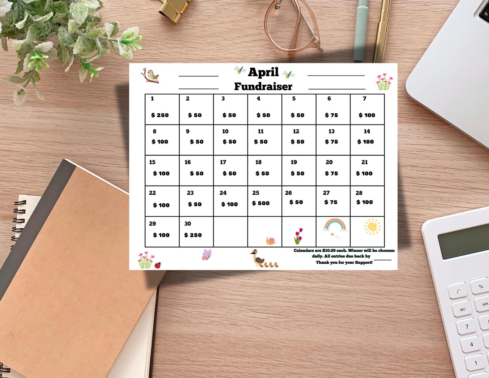 Printable April ,cash Calendar Raffle,sports,dance Team,april Cash ...