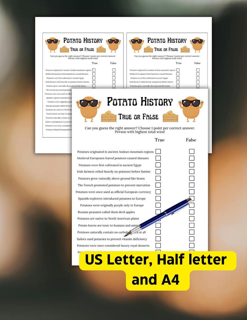 Potato True or False Trivia, Potato History Quiz, Potato Day, Office ...