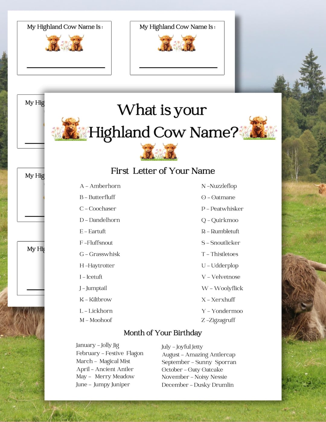 Highland Cow Name Game: Printable Party Activity, Highland Cow Theme ...