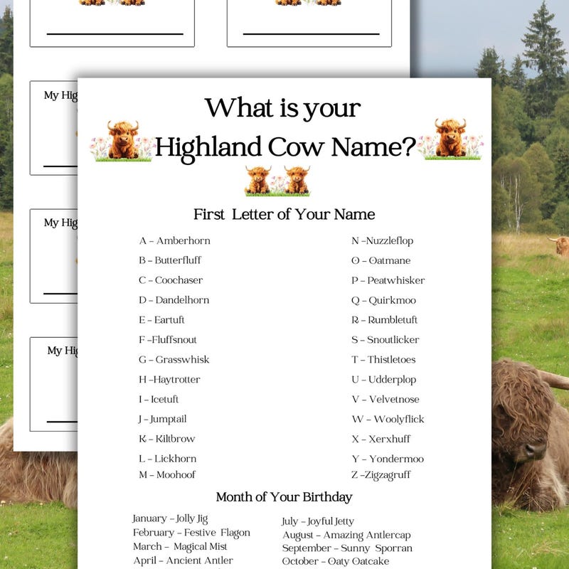 Highland Cow Name Game - Etsy