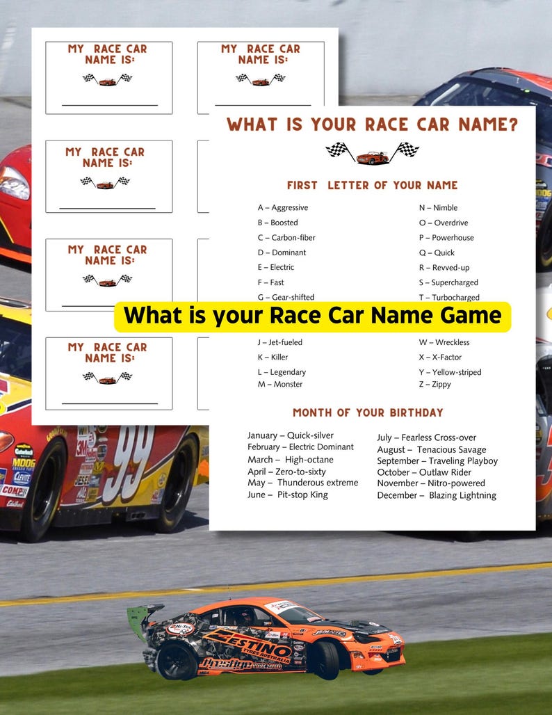 Race Car Name Game: Printable Party Activity, Racing Themed Party Game ...