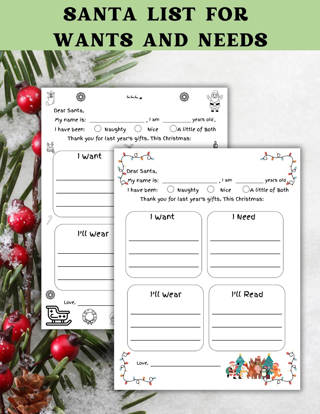 Dear Santa Letter Printable: Christmas Wish List, Wants & Needs,letters ...