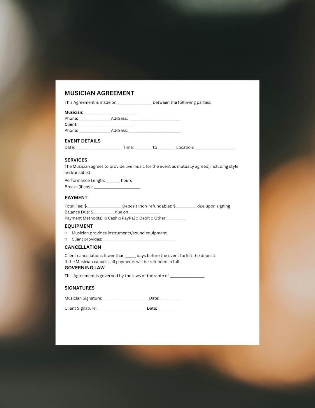 Editable Musician Contract Template, One Page Gig Agreement ...