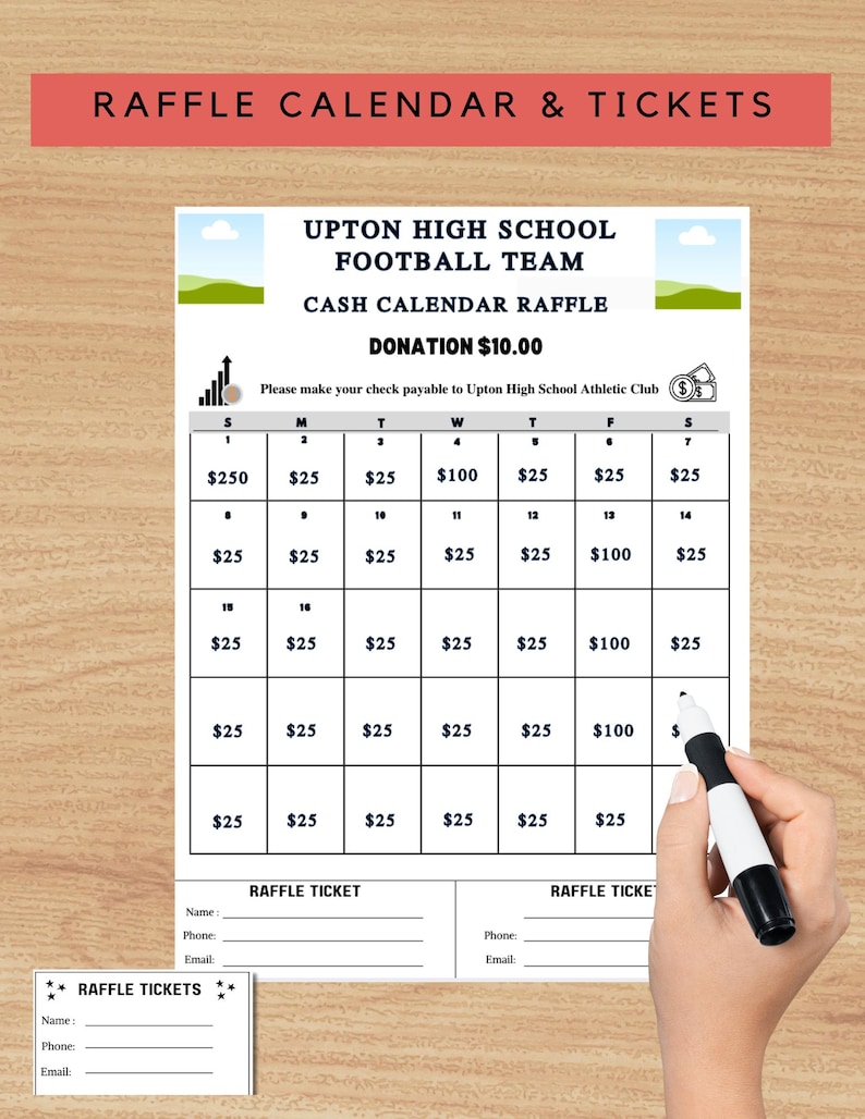 Printable Cash Calendar Raffle and Tickets,sports Team Cash Calendar ...