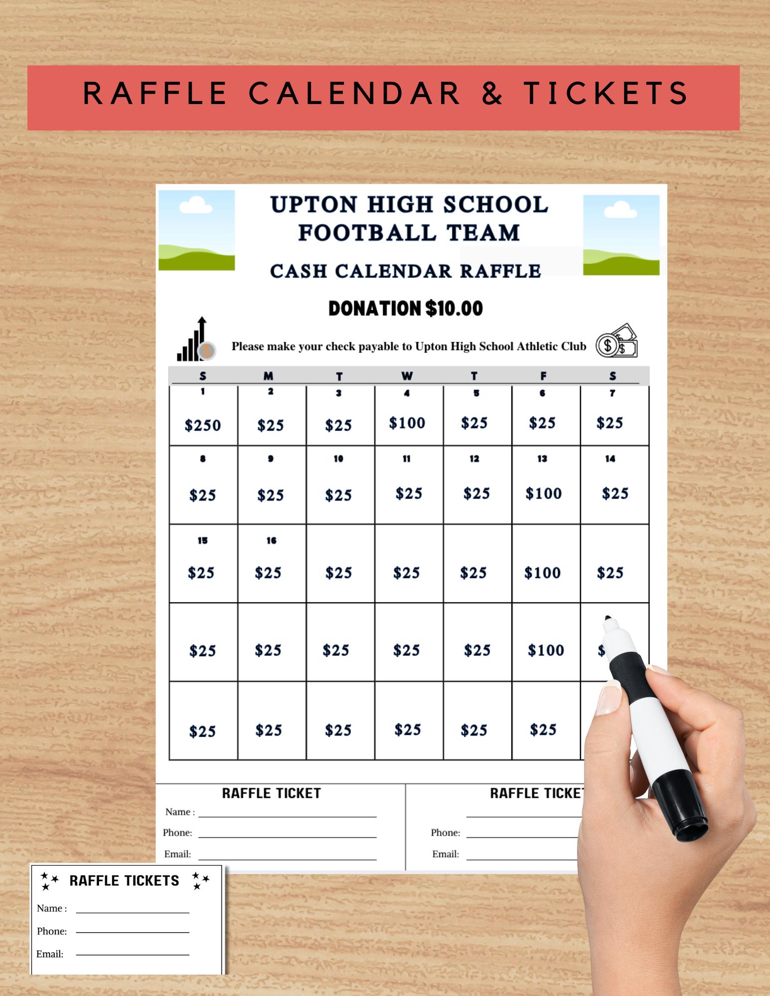 Printable Cash Calendar Raffle and Tickets,sports Team Cash Calendar ...