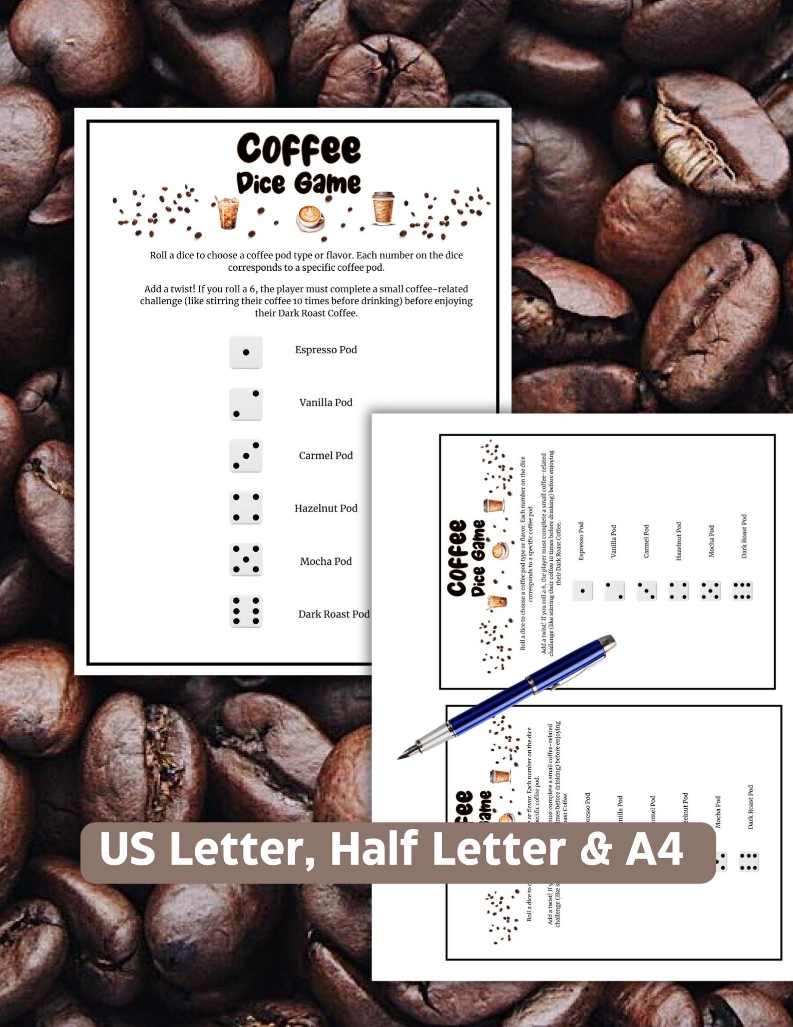 Coffee Dice Game,printable Coffee Party,fun Printable Café-themed Dice ...