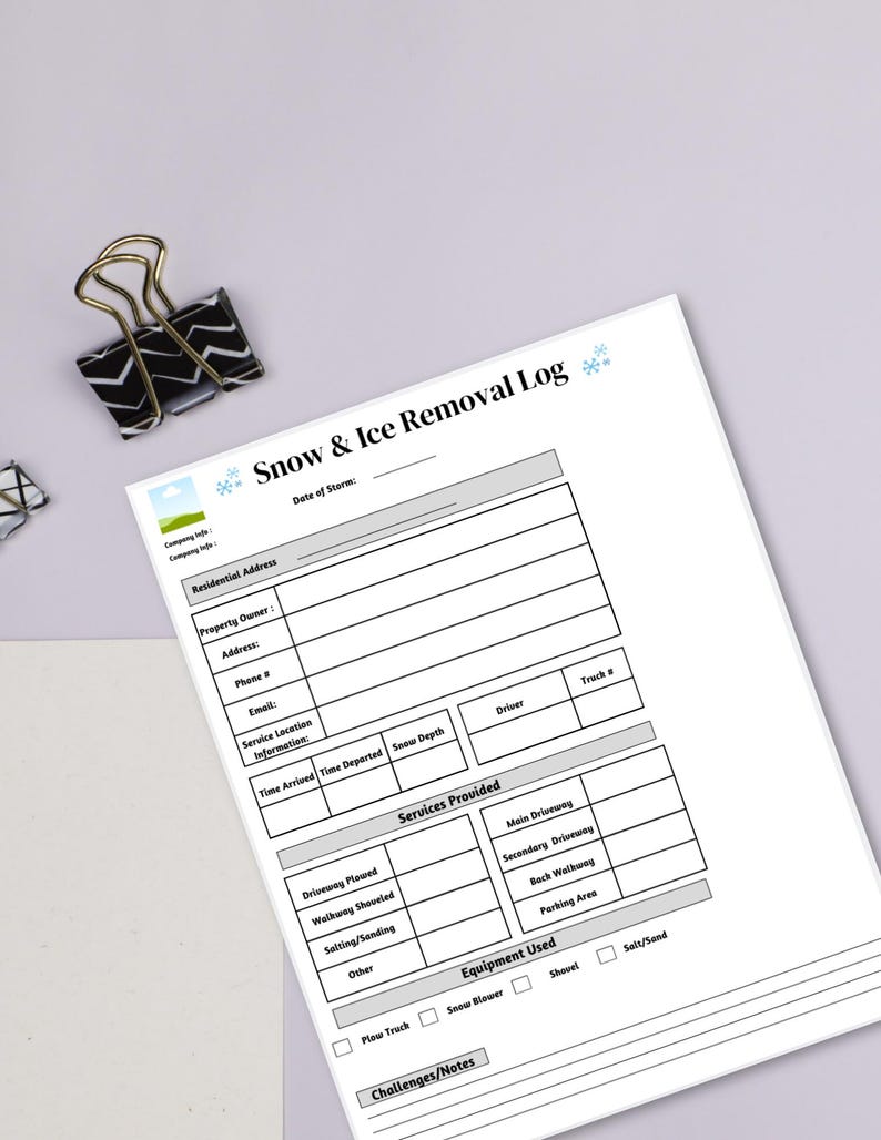 Printable Snow Removal Log,residential Ice Removal Tracker, Winter ...