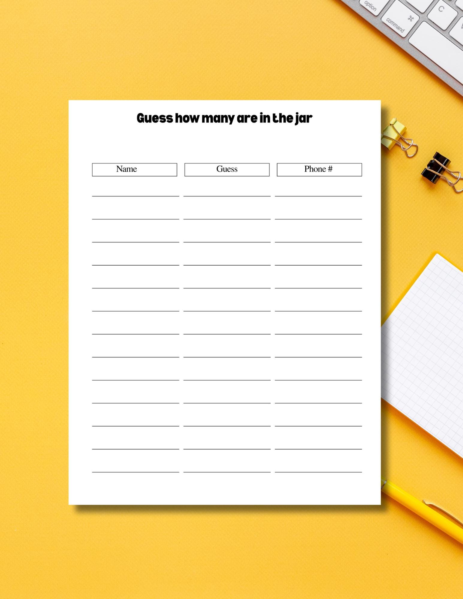 Guess How Many Game Entry Sheet, Contestant Guesses, Party Game Tracker ...