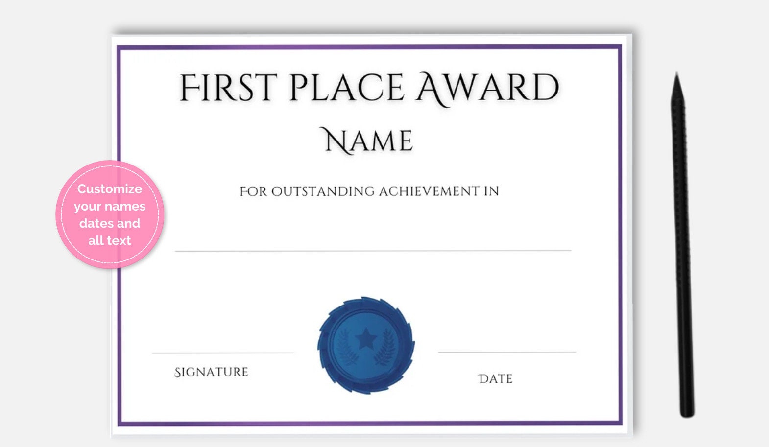 First Place Award Template Winner Certificate Printable Certificate