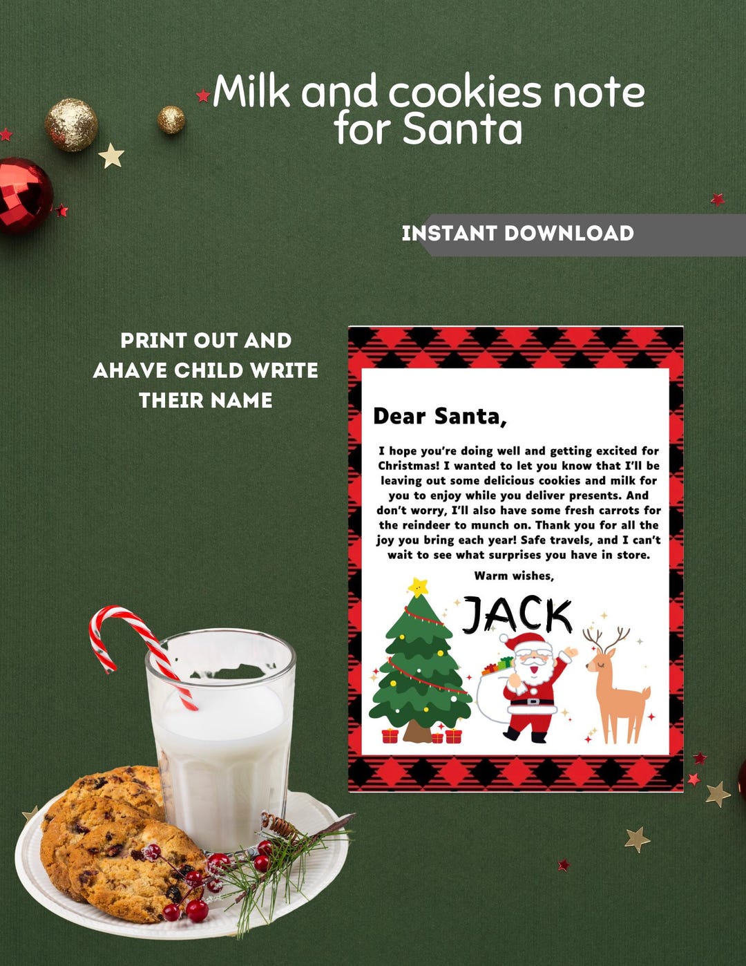 Printable Santa Note: Christmas Eve Milk and Cookies Letter, Santa Milk ...