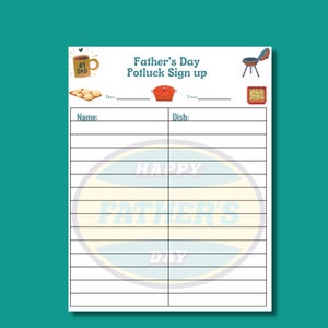 Father’s Day Potluck Sign up Sheet, Food List and Menu Organizer, Food ...