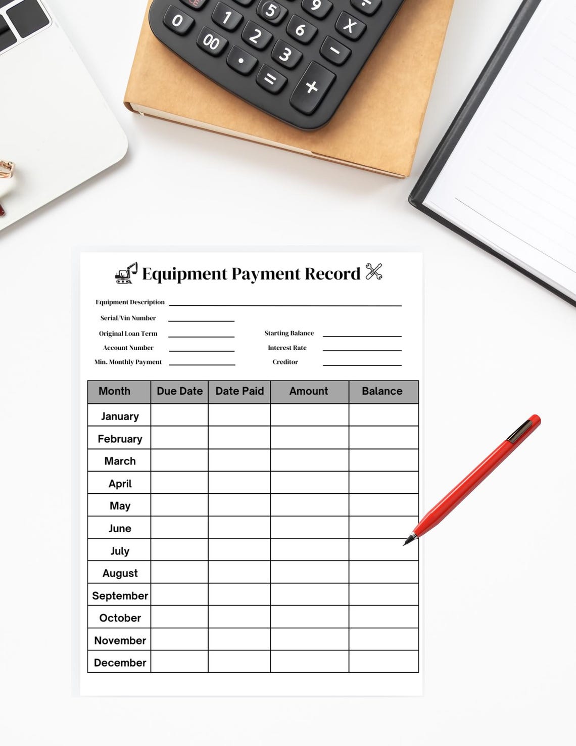 Equipment Loan Tracker Printable,payment Record Sheet,business ...