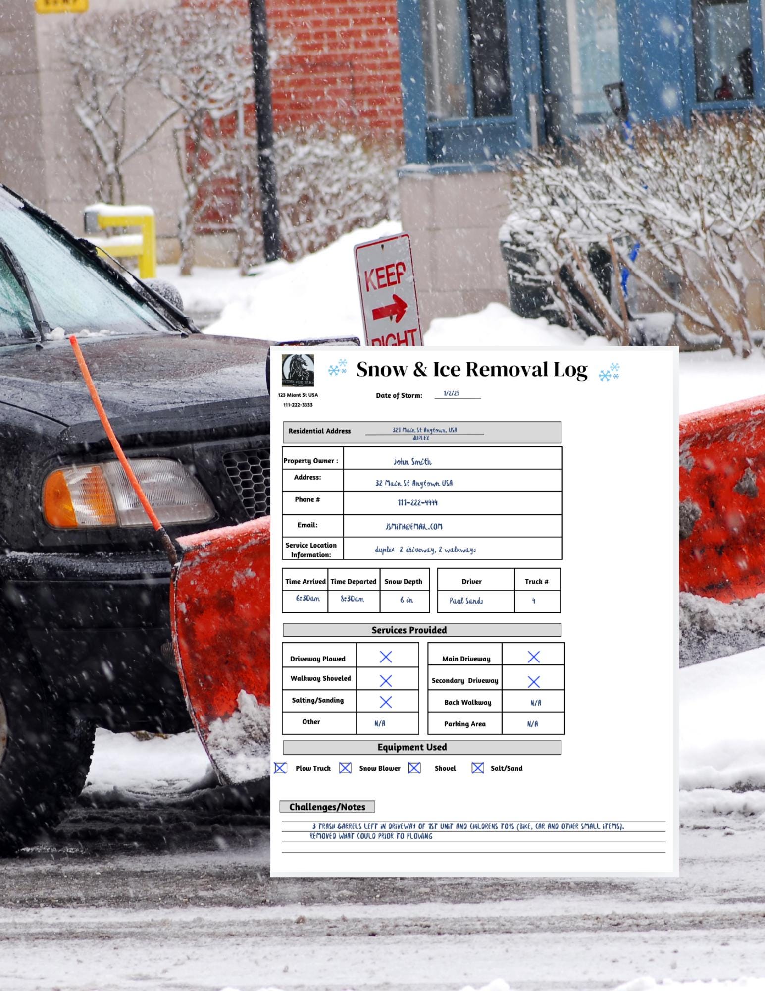 Printable Snow Removal Log,residential Ice Removal Tracker, Winter ...
