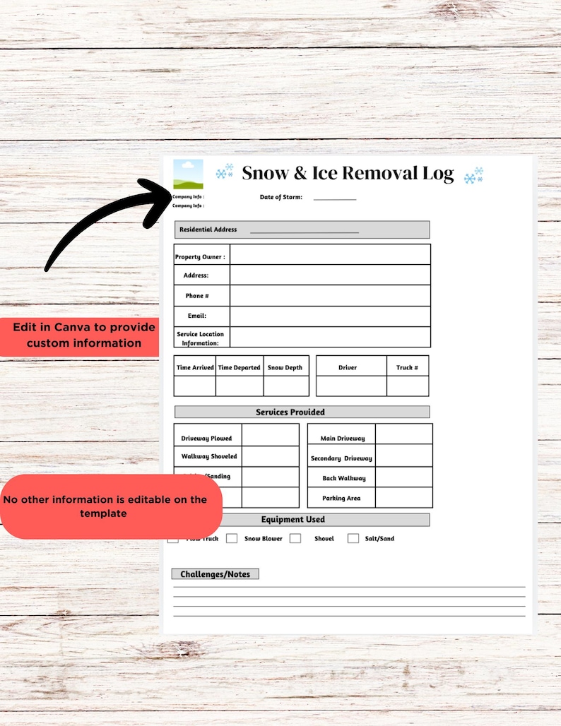 Printable Snow Removal Log,residential Ice Removal Tracker, Winter ...