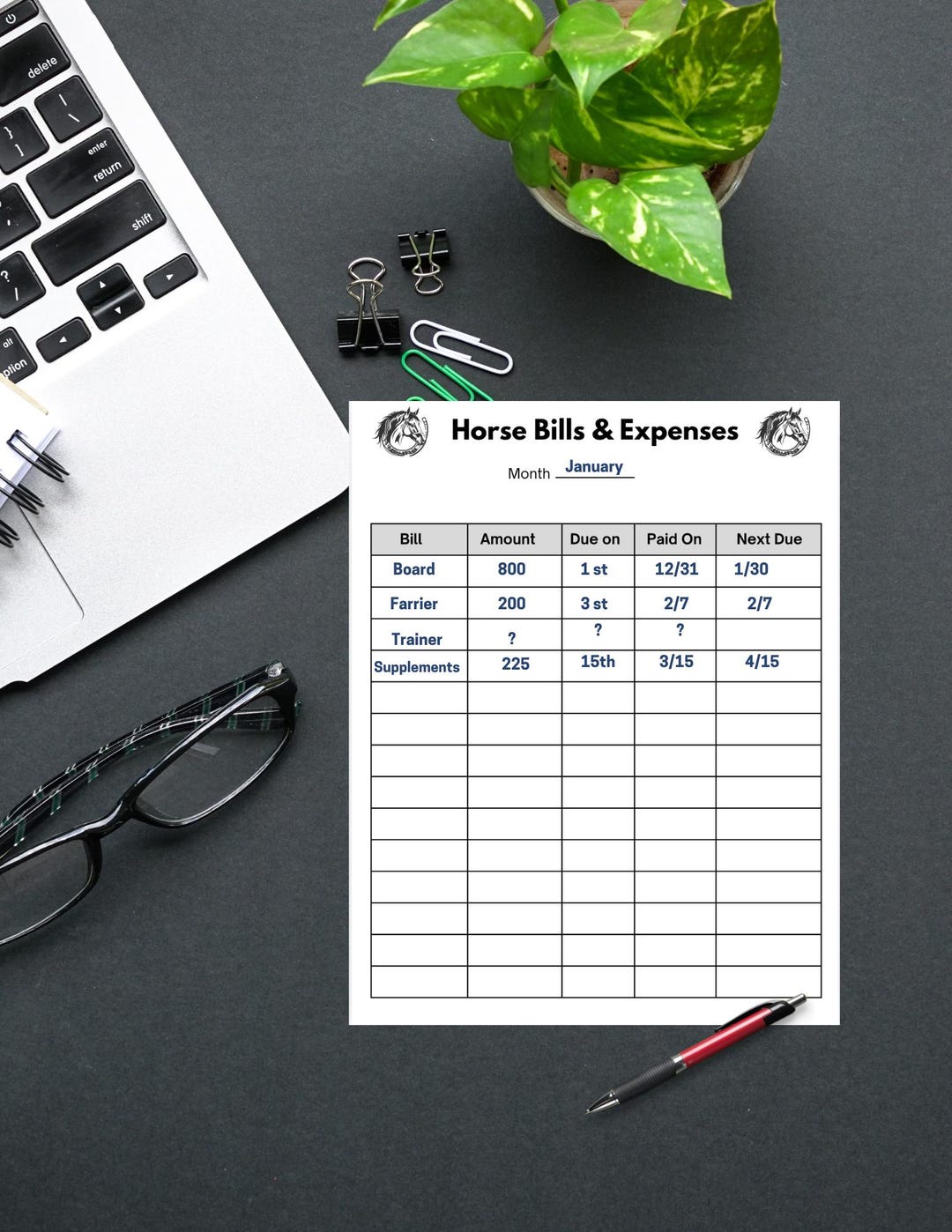 Equestrian Bill and Expenses Tracker,horse Bill Tracker, Minimalist ...