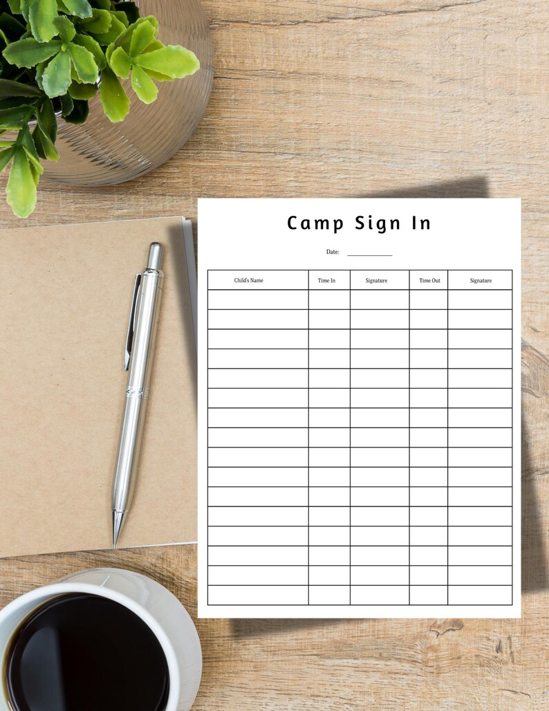 Printable Camp Sign in /sign Out Sheet, Camp Attendance Log, Attendance ...