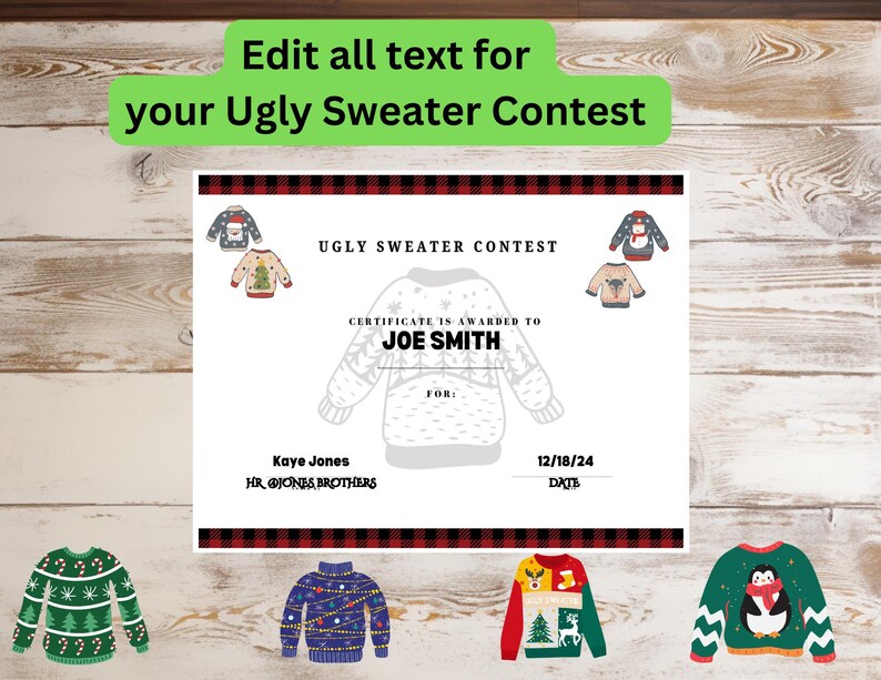 Editable Ugly Sweater Contest Certificate,ugly Christmas Sweater Award ...