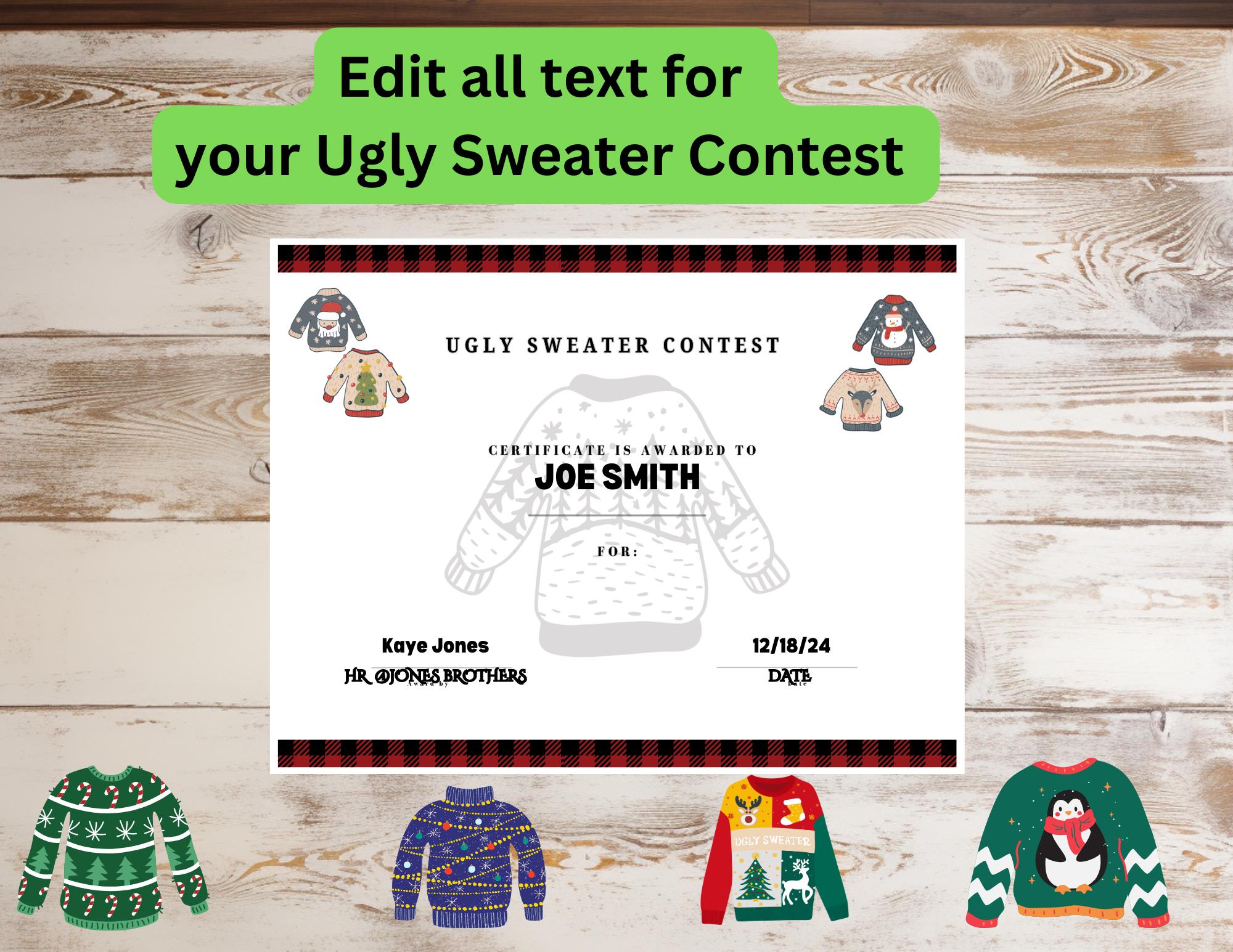 Editable Ugly Sweater Contest Certificate,ugly Christmas Sweater Award ...